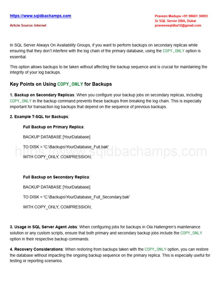 SQL Server COPY_ONLY Backup Guide | PDF | Backup | Databases