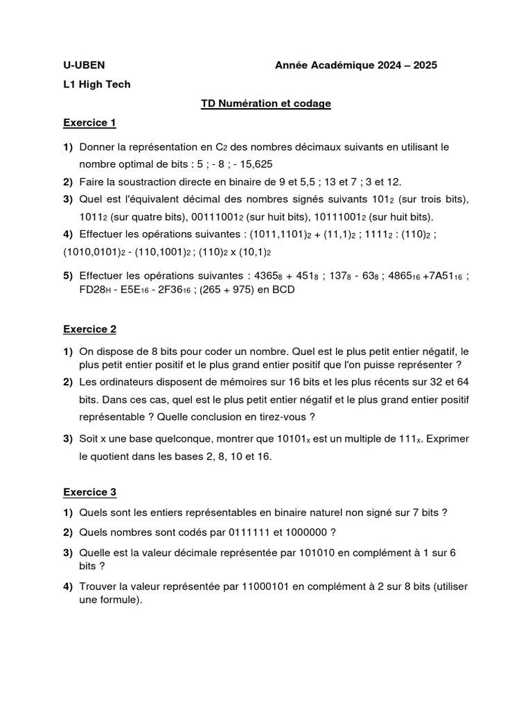 TD Numération et Codage : Exercices Corrigés | PDF | Bit | Architecture ...