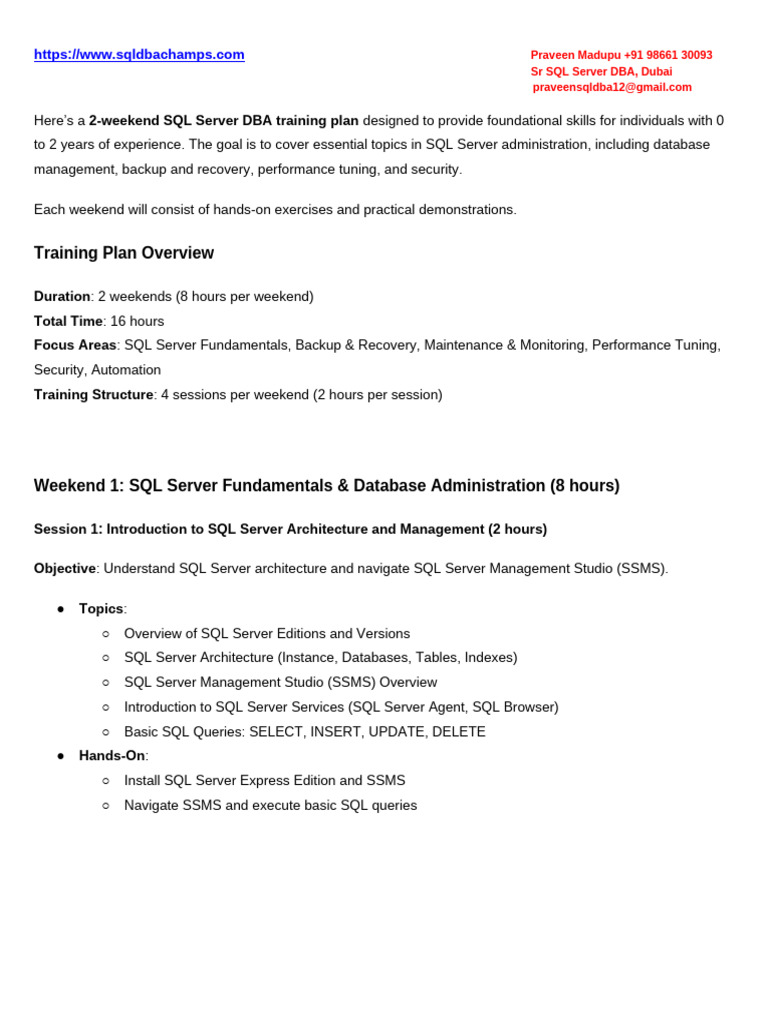 SQL Server DBA Training - 2 Weekends | PDF | Microsoft Sql Server ... SQL Server DBA Training - 2 Weekends | PDF | Microsoft Sql Server ...