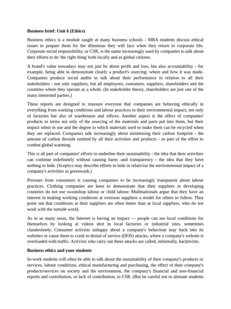 Business brief 5 (Ethics) | PDF | Corporate Social Responsibility ...