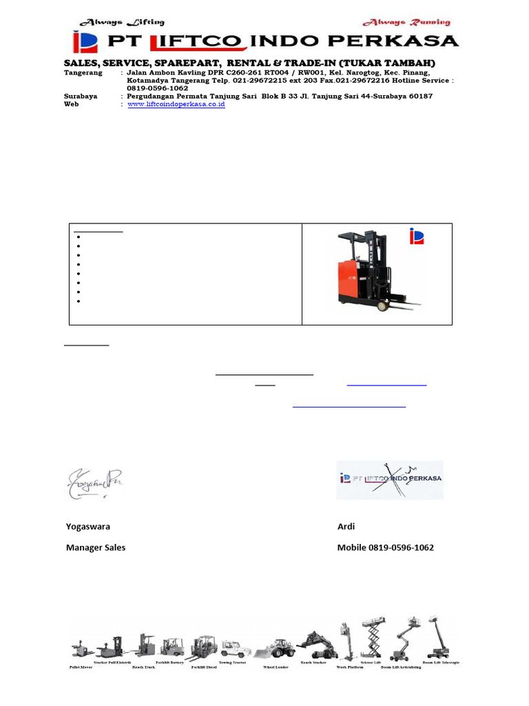 Nomor: AR/24.10.755/Q-R/TNG/LIP PT - Rasa Kita Phone: Office: Fax: PT - Liftco Indo Perkasa ...