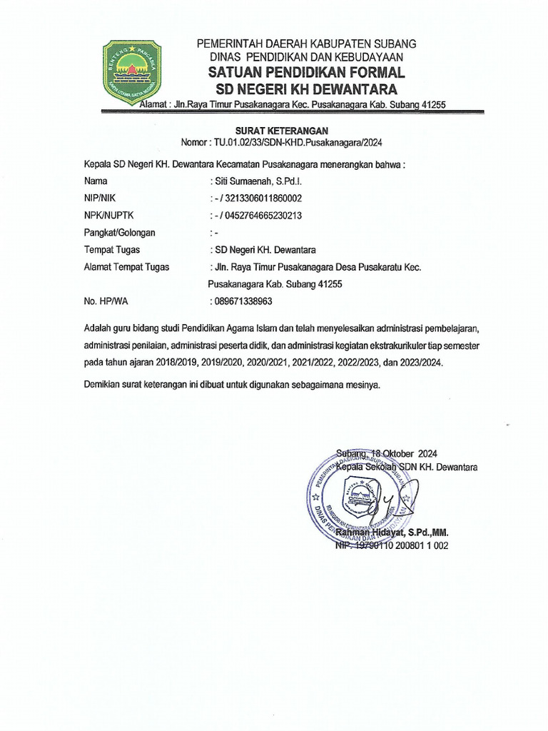 Surat Keterangan Kepsek Pembelajaran | PDF