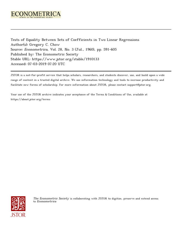 Chow - Tests of Equality Between Sets of Coefficients in Two Linear ... Chow - Tests of Equality Between Sets of Coefficients in Two Linear ...