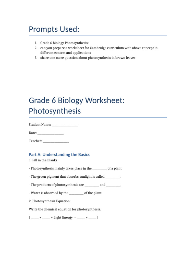 Grade 6 Photosynthesis Worksheet | PDF | Photosynthesis | Plants