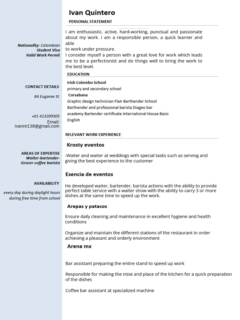 CV Ivan Quintero PDF | PDF | Bartender | Waiting Staff