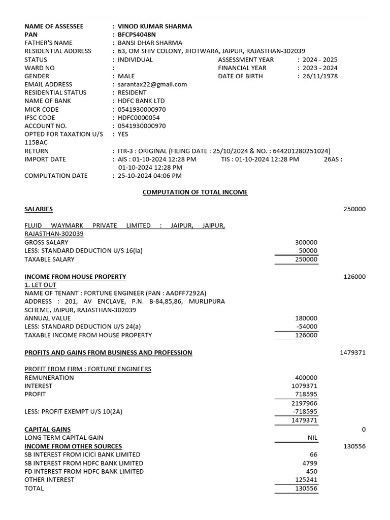 Tax Computation for Vinod Kumar Sharma | PDF | Economies | Taxation