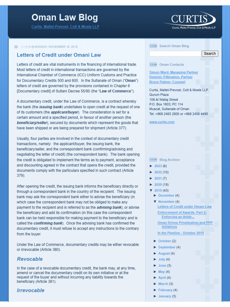 Oman Law Blog - Letters of Credit Under Omani Law | PDF | Letter Of ...