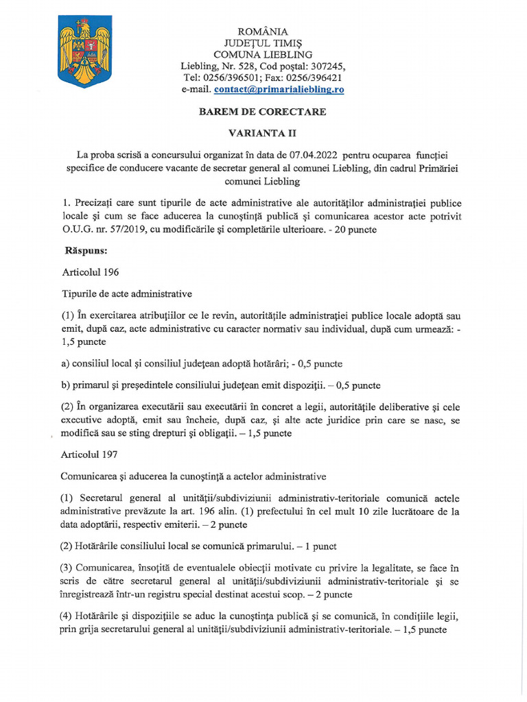 Barem Corectare Subiecte Concurs Secretar General Comuna Liebling | PDF
