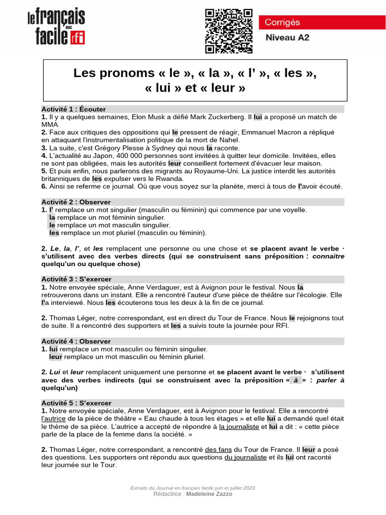 Pronoms : le, la, lui, leur en français | PDF | Genre grammatical ...