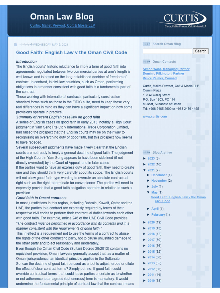 Oman Law Blog - Good Faith - English Law V The Oman Civil Code | PDF ...
