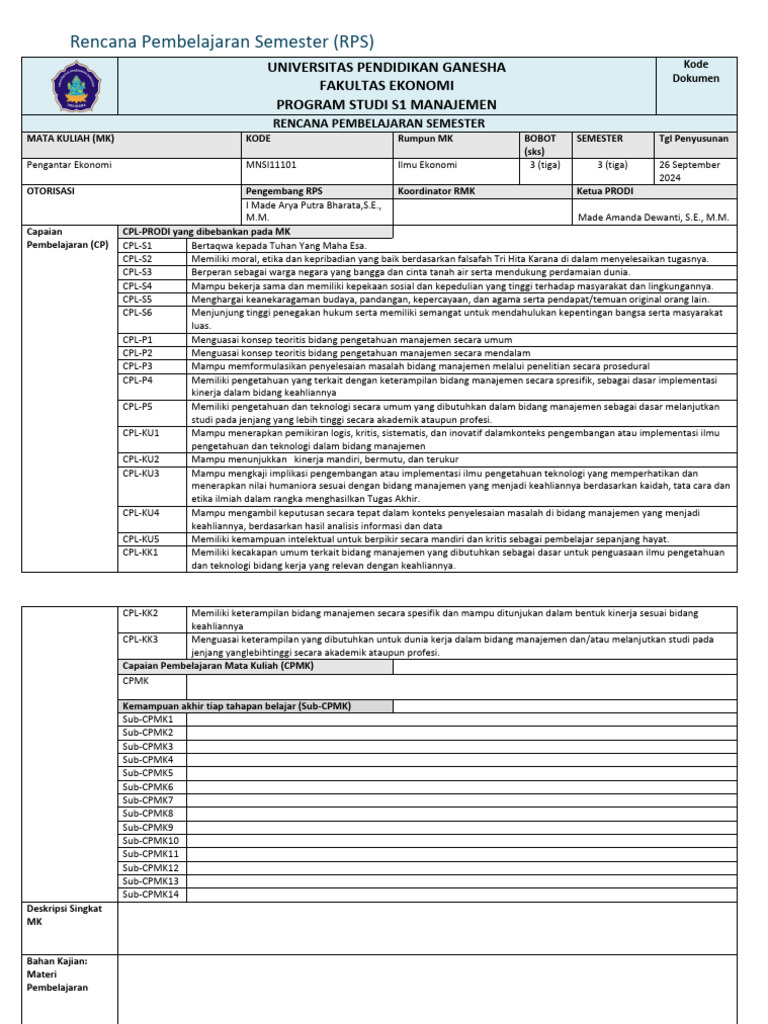 RPS Pengantar Ekonomi | PDF | Seni