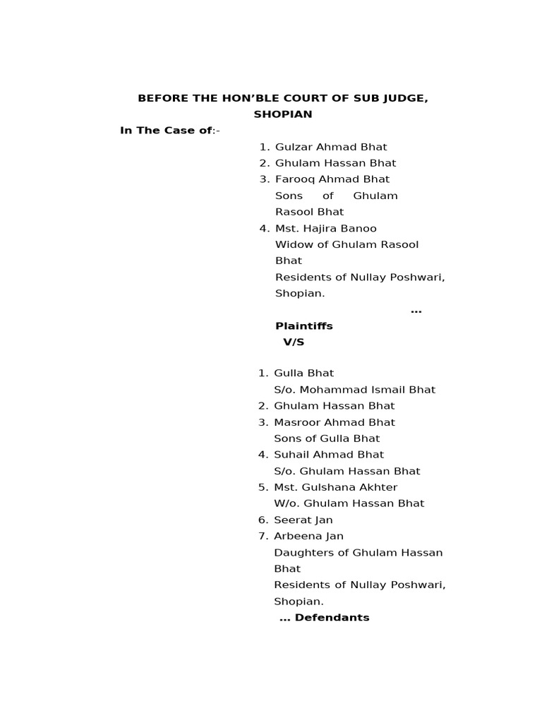 Before The Hon'Ble Court of Sub Judge, Shopian in The Case of | PDF