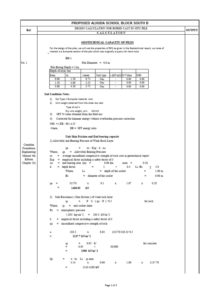 AL HUDA SCHOOL BLOCK 600mm dia. 10m long Pile - BH1 design calculations ...