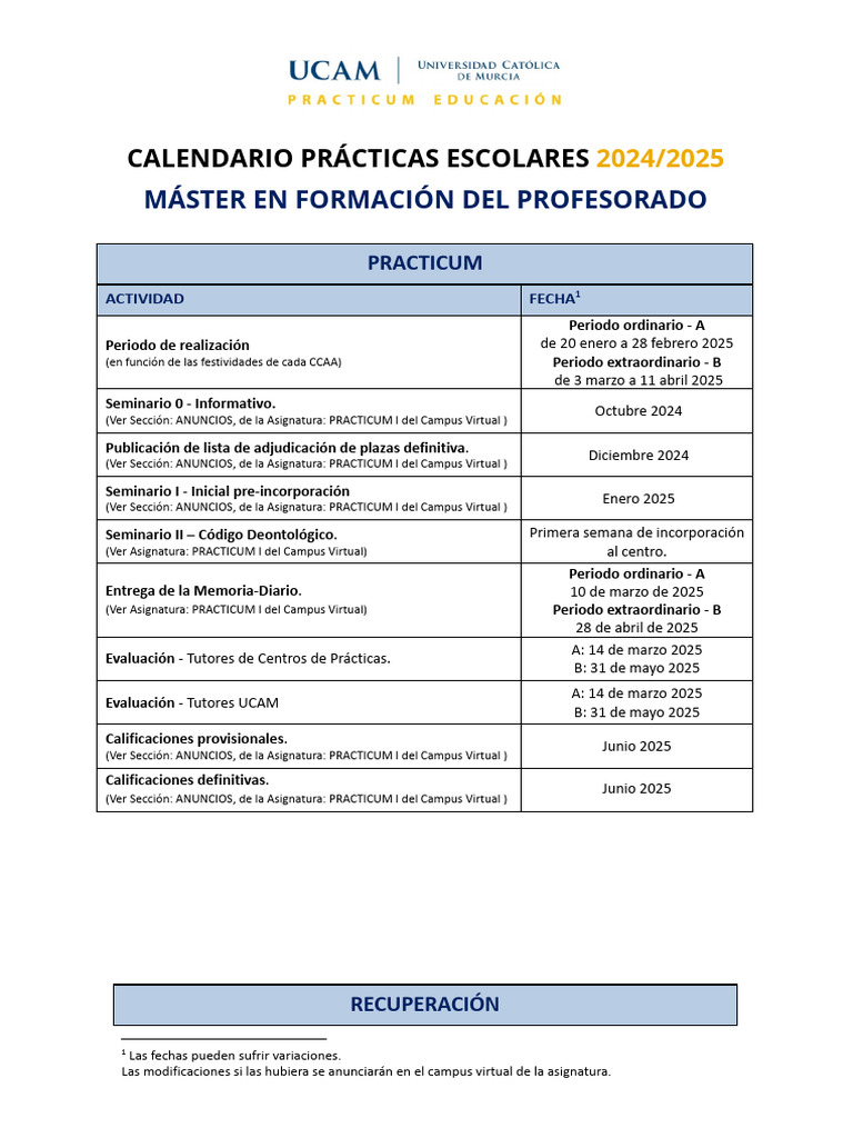 Calendario Practicum 2024/2025 UCAM | PDF | Enseñando | Aprendizaje