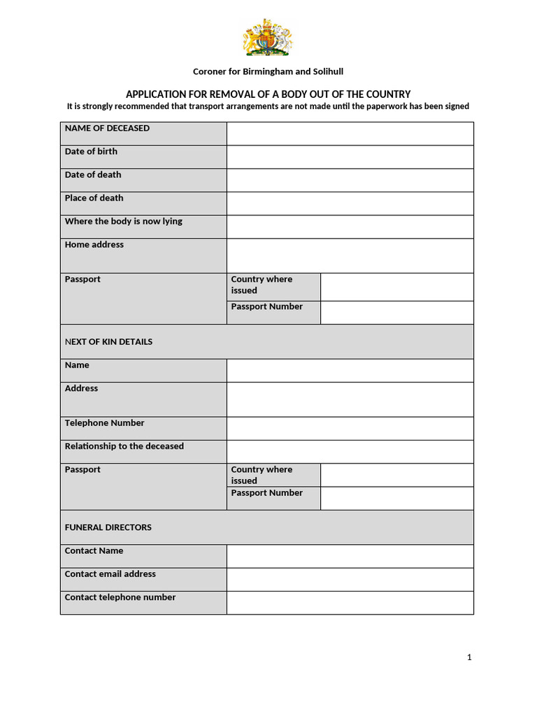Application For Removal of A Body Out of England | PDF