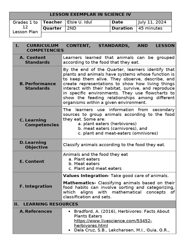 Grade 4 Science Lesson Exemplar: Animals | PDF | Foods