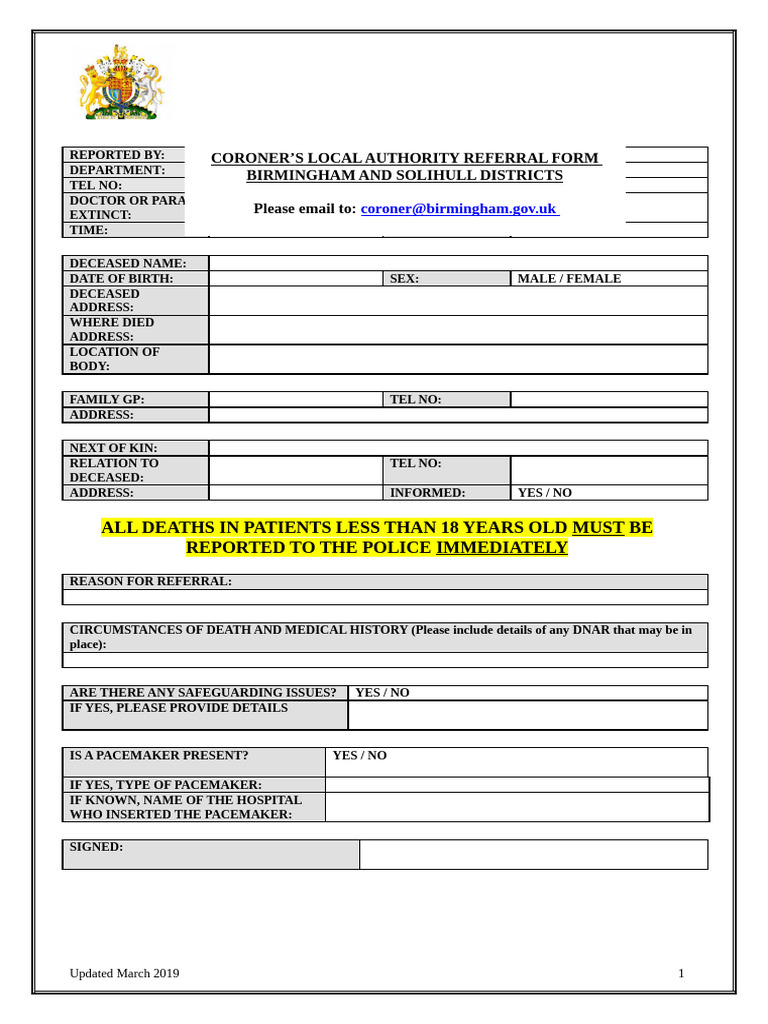 Coroner Referral Form for Deceased Under 18 | PDF | Law