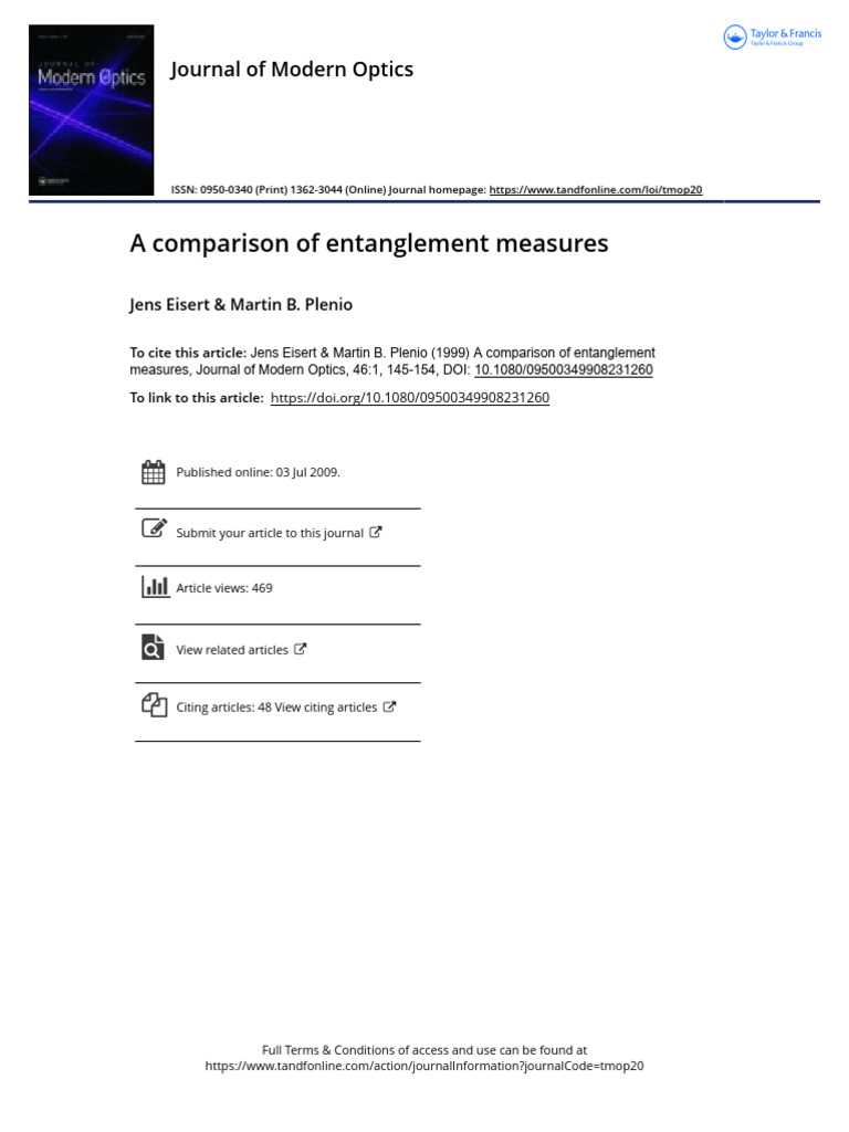 Ref 15, A Comparison of Entanglement Measures | PDF | Quantum ...