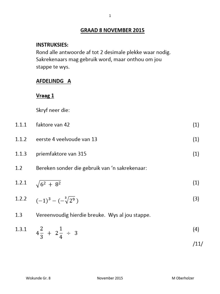 Gr8 Nov Wiskunde Eksamenvraestel Marise Oberholzer | PDF
