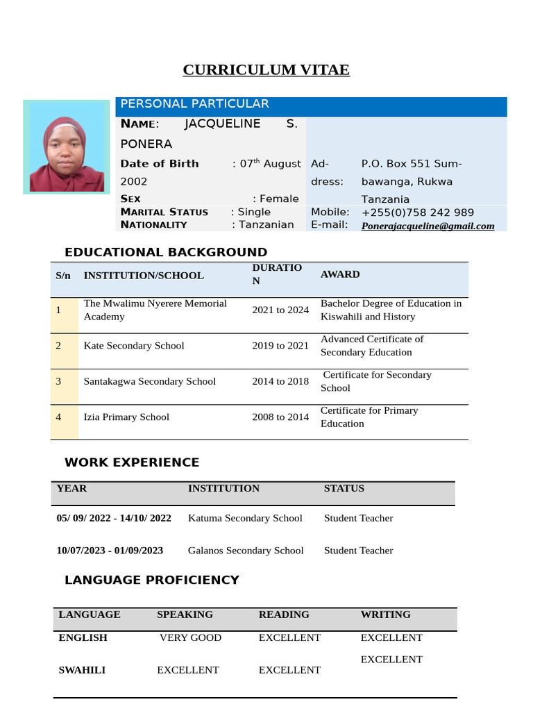 Jacqueline Ponera Cv-1 | PDF | Swahili Language | Teachers