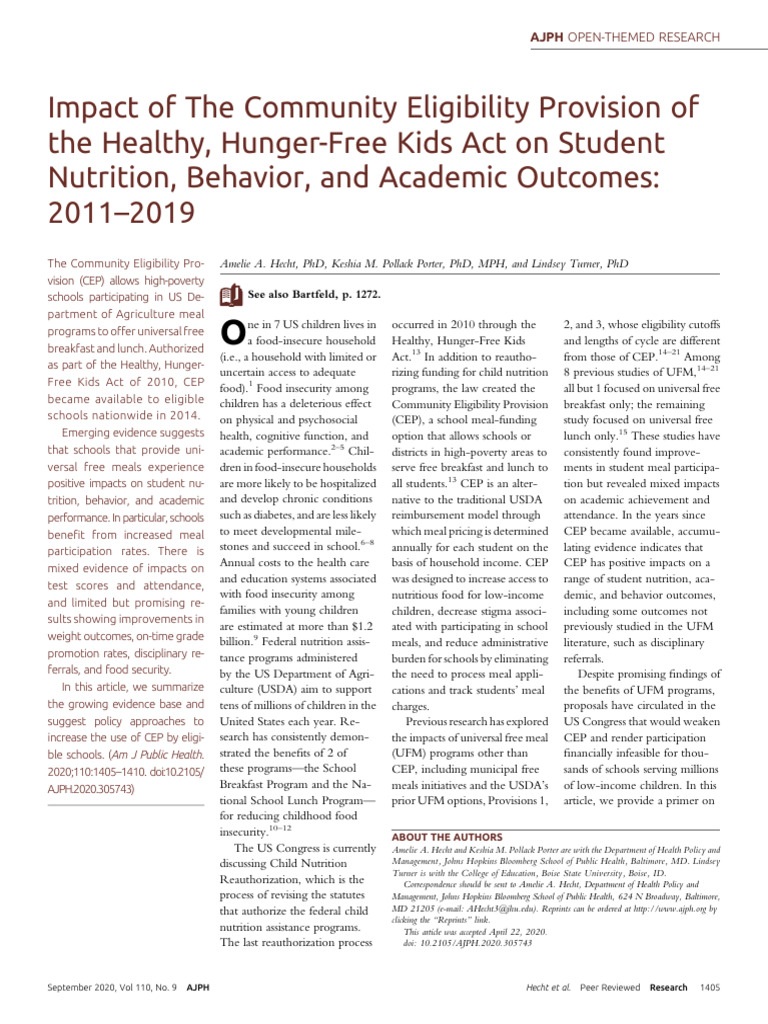 Hecht Et Al 2020 Impact of The Community Eligibility Provision of The ...