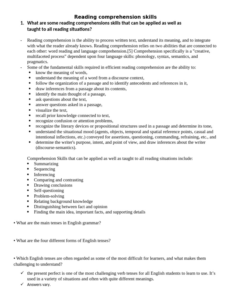 Reading Comprehension Skills | PDF | Reading Comprehension | Semantics