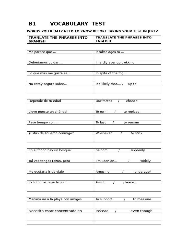 B1 Vocabulary Test | PDF