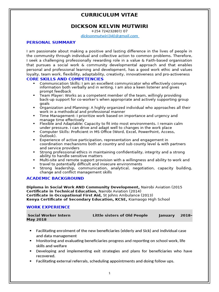 Dickson Mutwiri CV 2024 | PDF | Social Work