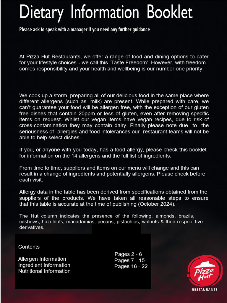 Pizza Hut Restaurants Dietary Information Booklet October 2024 | PDF | Salad | Foods