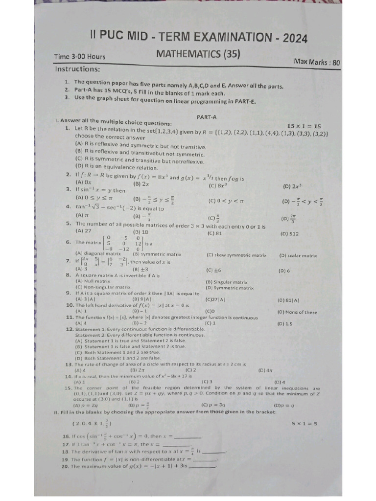 Haveri District II PUC Mid Term Paper 2024 | PDF
