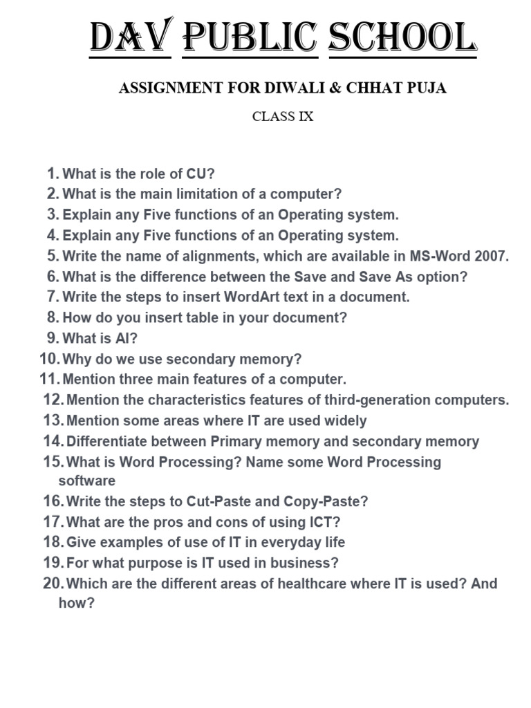 Class 9 Assignment For Diwali & Chhat Puja | PDF | Computers