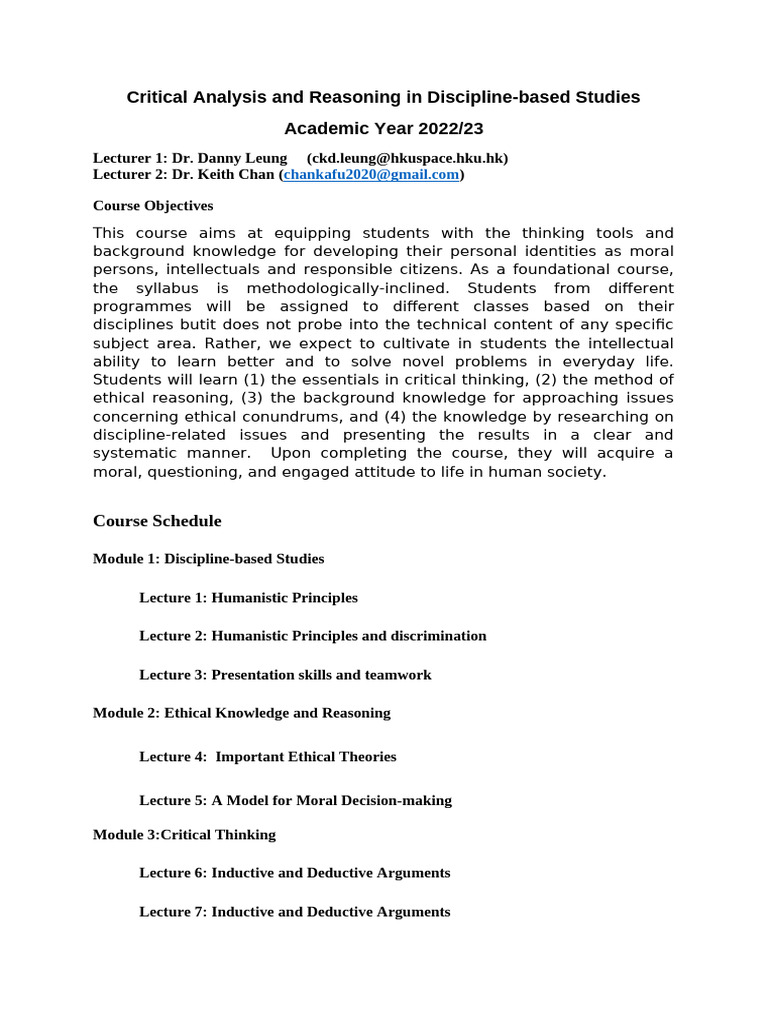 CARDS 2022 Course Outline (1) - Rev | PDF | Critical Thinking | Thought
