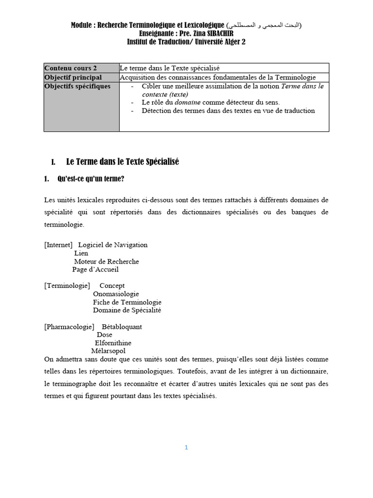 Terminologie et Traduction Spécialisée | PDF | Traductions | Lexique