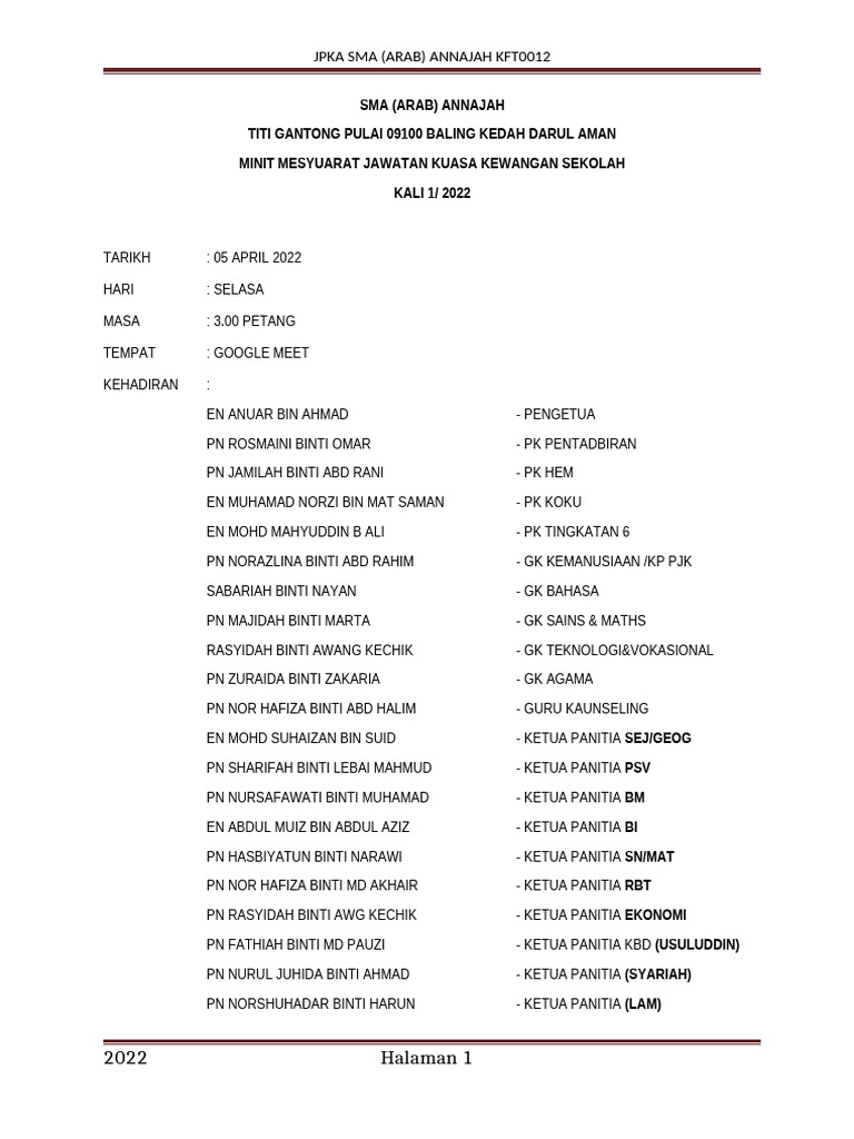 Minit Mesyuarat Jpka 2022 | PDF