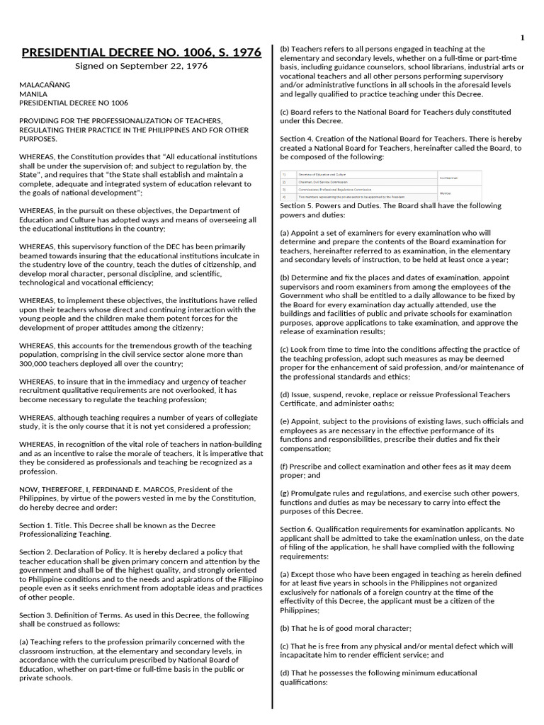 Presidential Decree No. 1006, S. 1976 | PDF | Teachers | Academic Degree