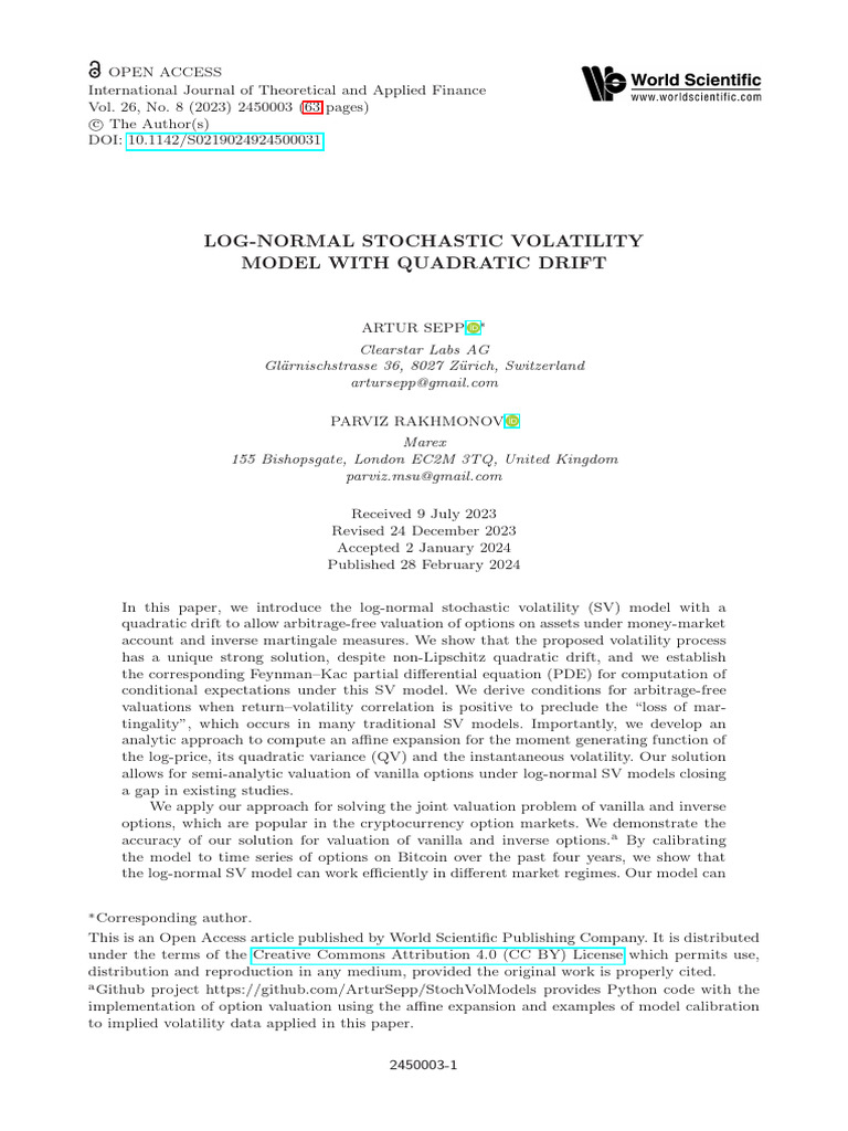Sepp Rakhmonov 2024 Log Normal Stochastic Volatility Model With Quadratic Drift | PDF | Option ...