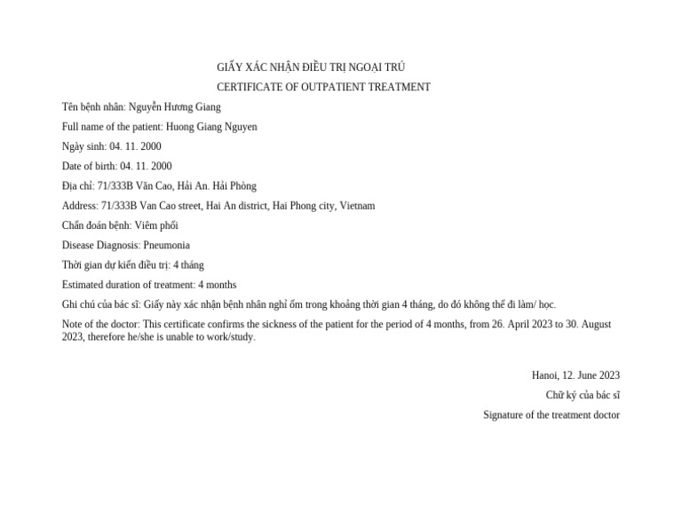 Giay Xac Nhan Dieu Tri Ngoai Tru | PDF