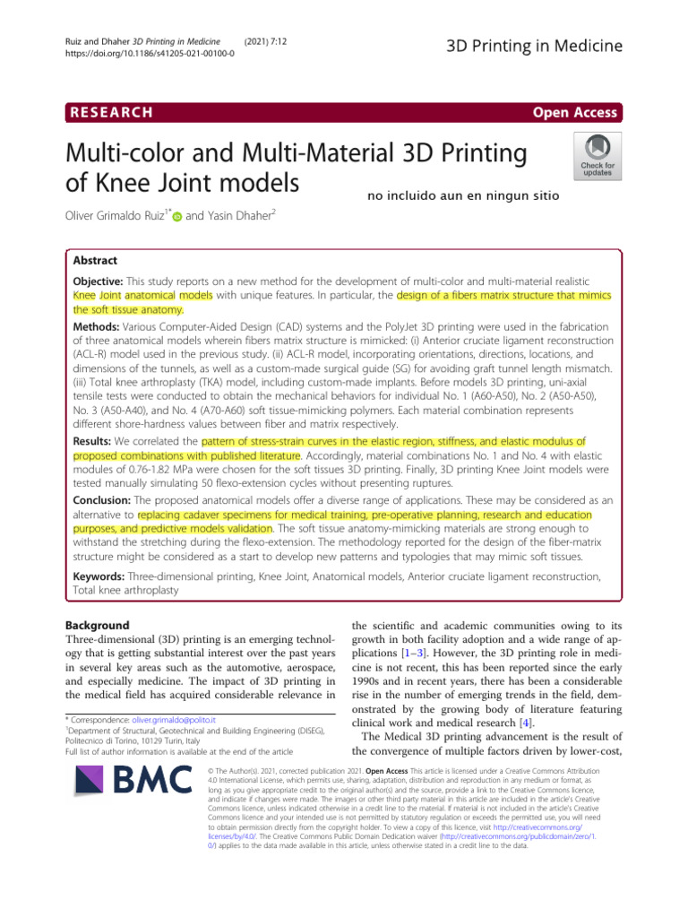 Multi Color And Multi Material 3d Printing Of Knee Joint Models Pdf