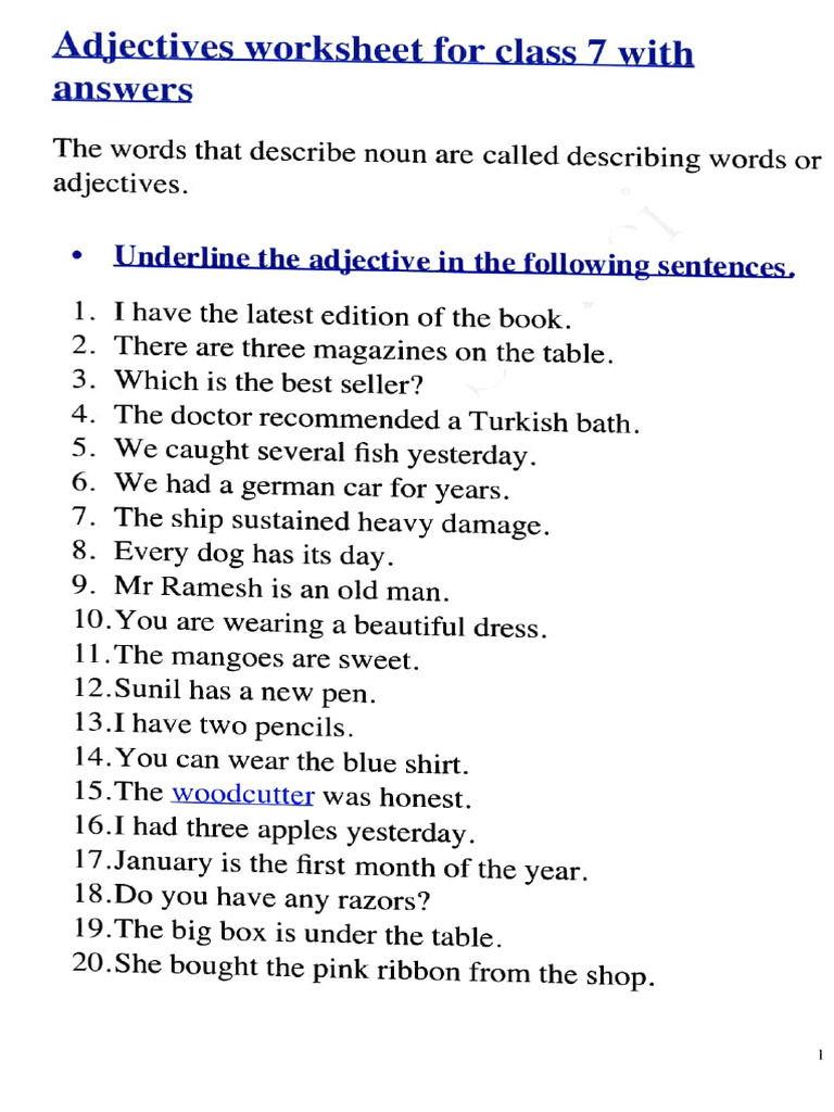 Adjectives Practice for Grade 7 | PDF