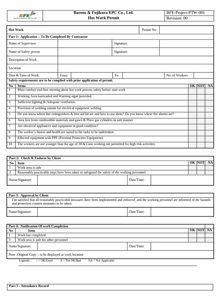 BFE Hot Work PTW in Site (Rev-00) | PDF | Personal Protective Equipment | Occupational Safety ...