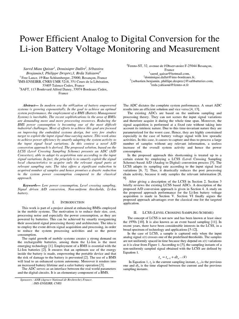 Power Efficient Analog To Digital Conversion For The Li-Ion Battery Voltage Monitoring and ...