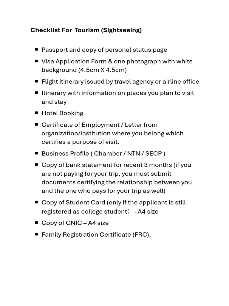 Checklist for Tourism | PDF