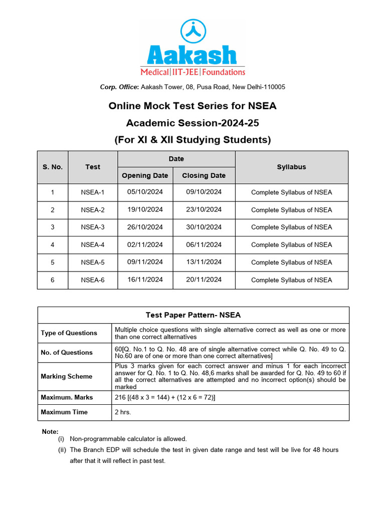 2 NSEA Online Mock Test Schedule For XI XII Class | PDF | Standardized ...