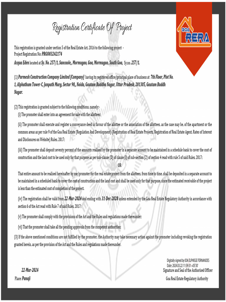 Acqua Eden RERA Certificate | PDF | Justice | Crime & Violence