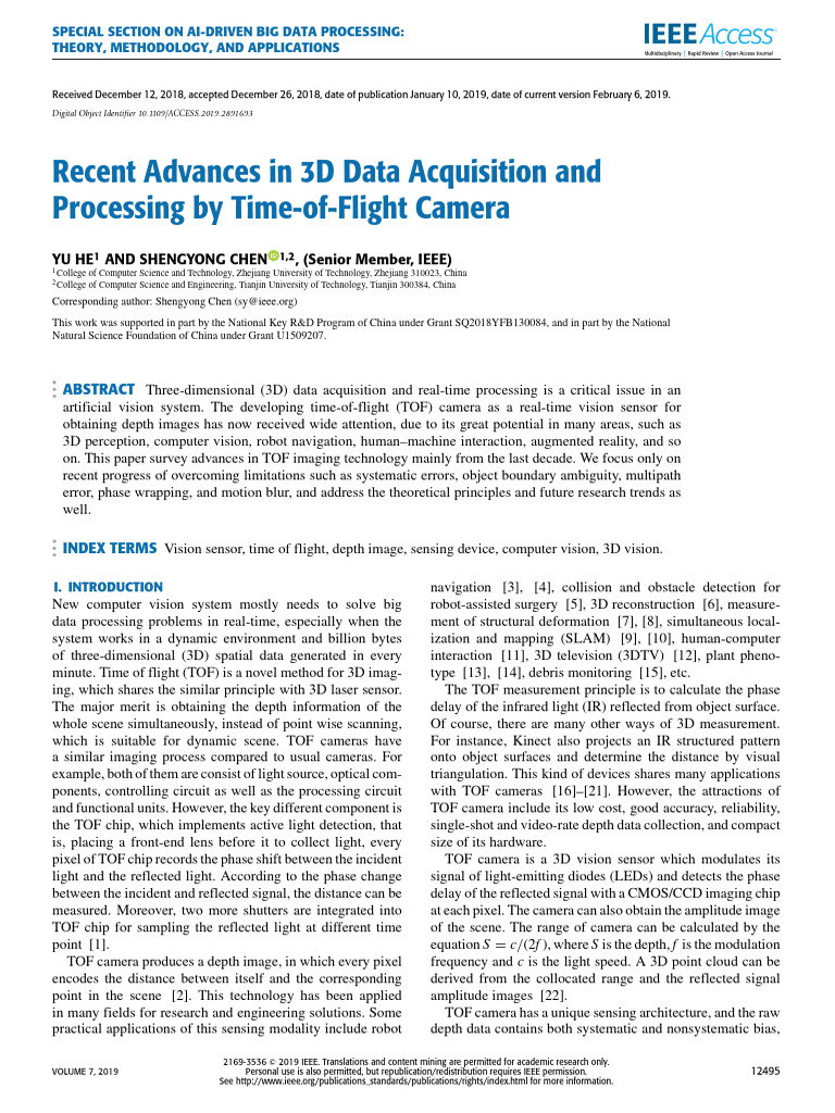 Recent Advances in 3D Data Acquisition and Processing by Time-of-Flight Camera | PDF | Computer ...
