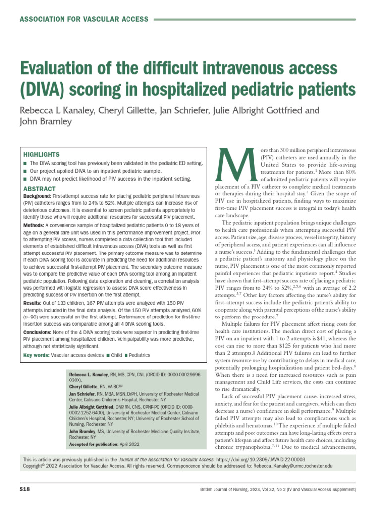 Evaluation of The Difficult Intravenous Access (DIVA) Scoring in ...