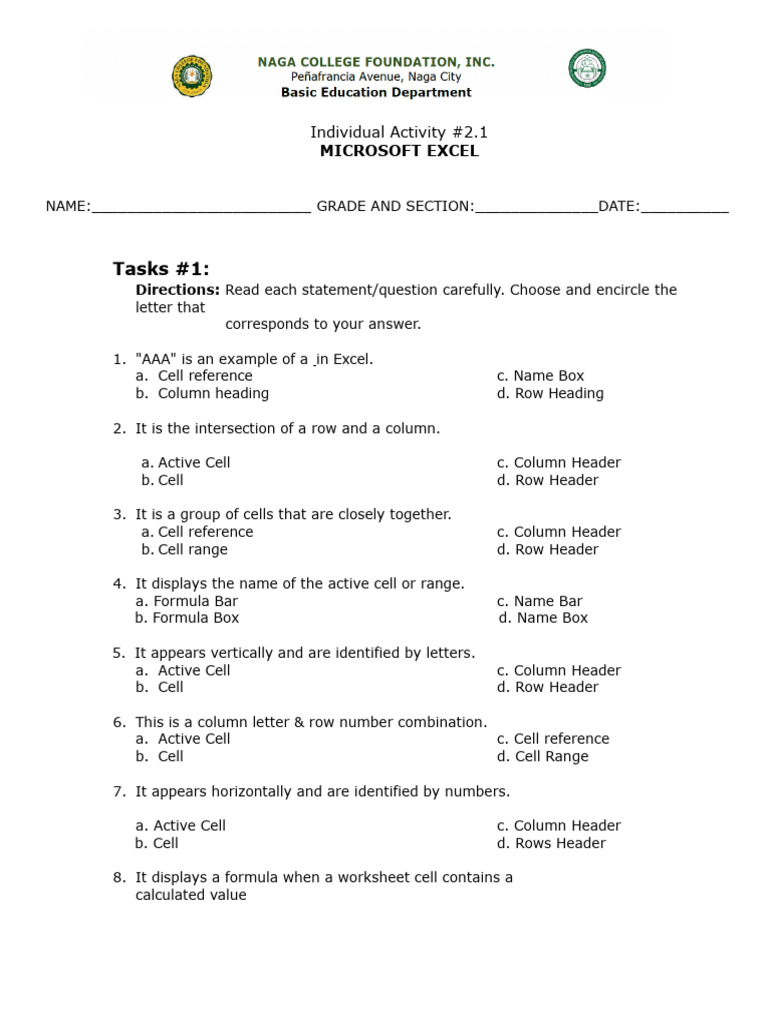 G11-Individual Activity #2.1 | PDF | Microsoft Excel | Worksheet