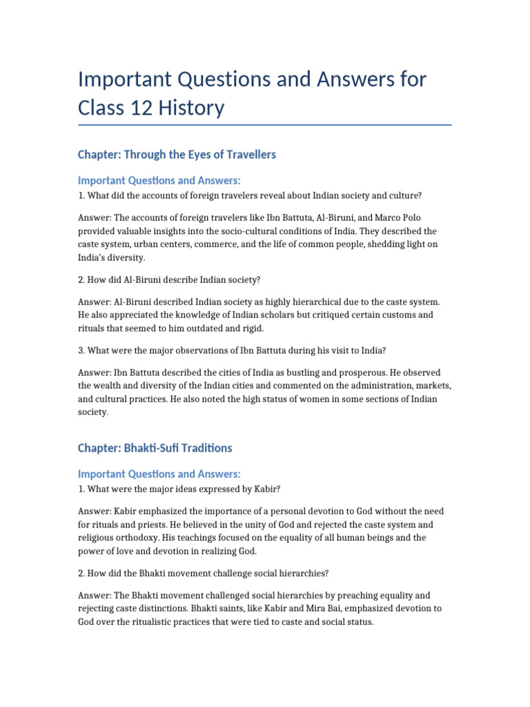 Class 12 History Important Questions | PDF | Bhakti | Guru Nanak