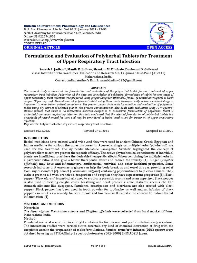 Formulation and Evaluation of Polyherbal Tablets For Treatment of Upper ...