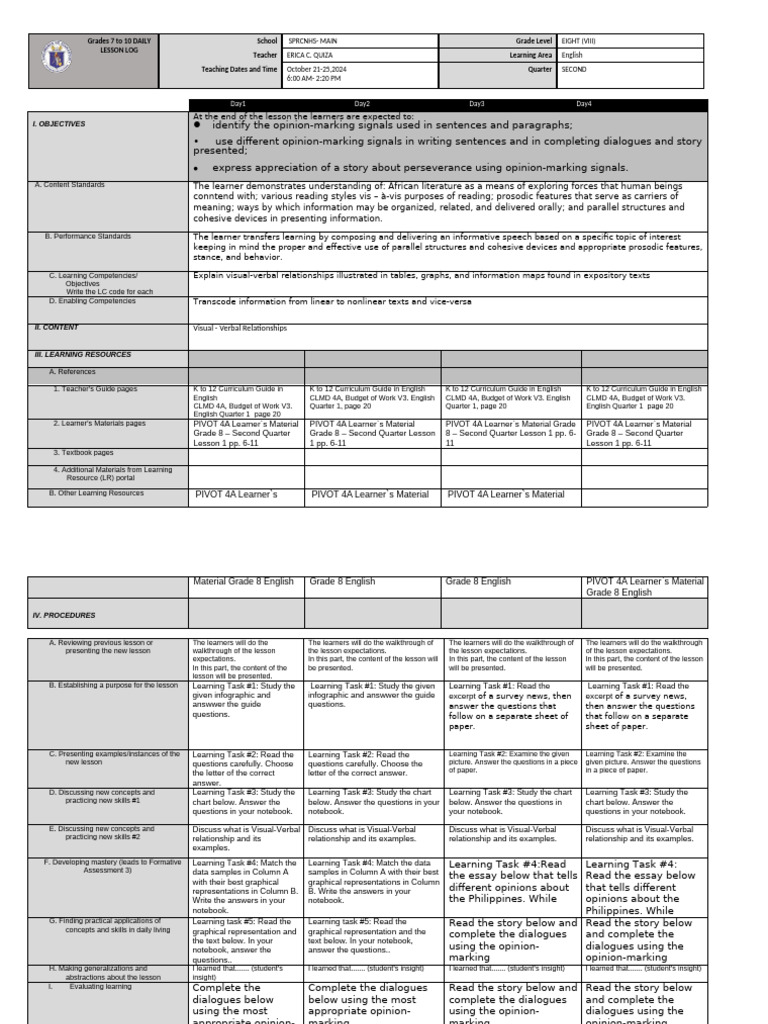 DLL 1ST Q G8 WEEK 6 Signal Markers Copy 3 | PDF | Learning | Curriculum